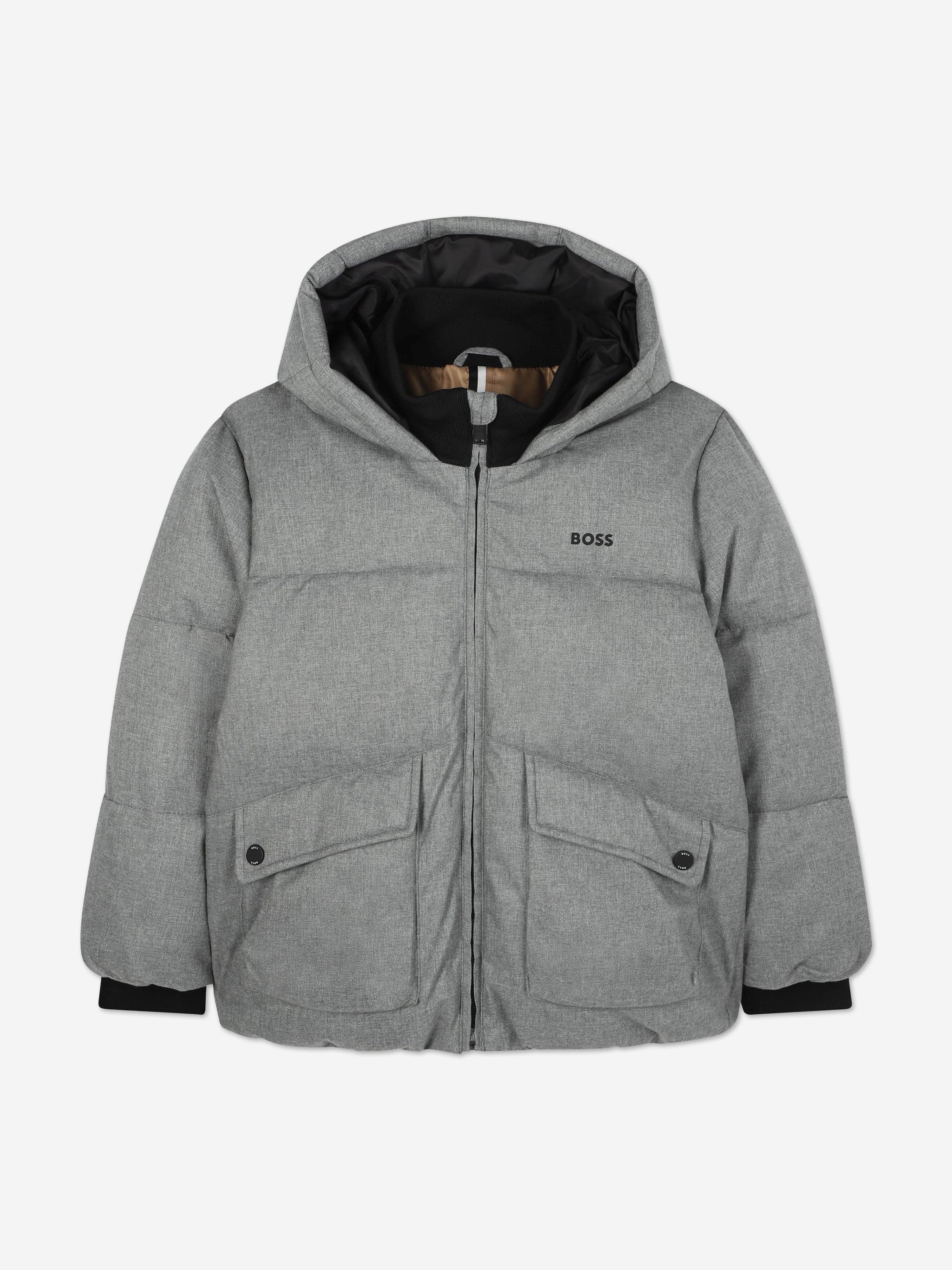 BOSS Boys Flannel Effect Puffer Jacket in Grey | Childsplay Clothing