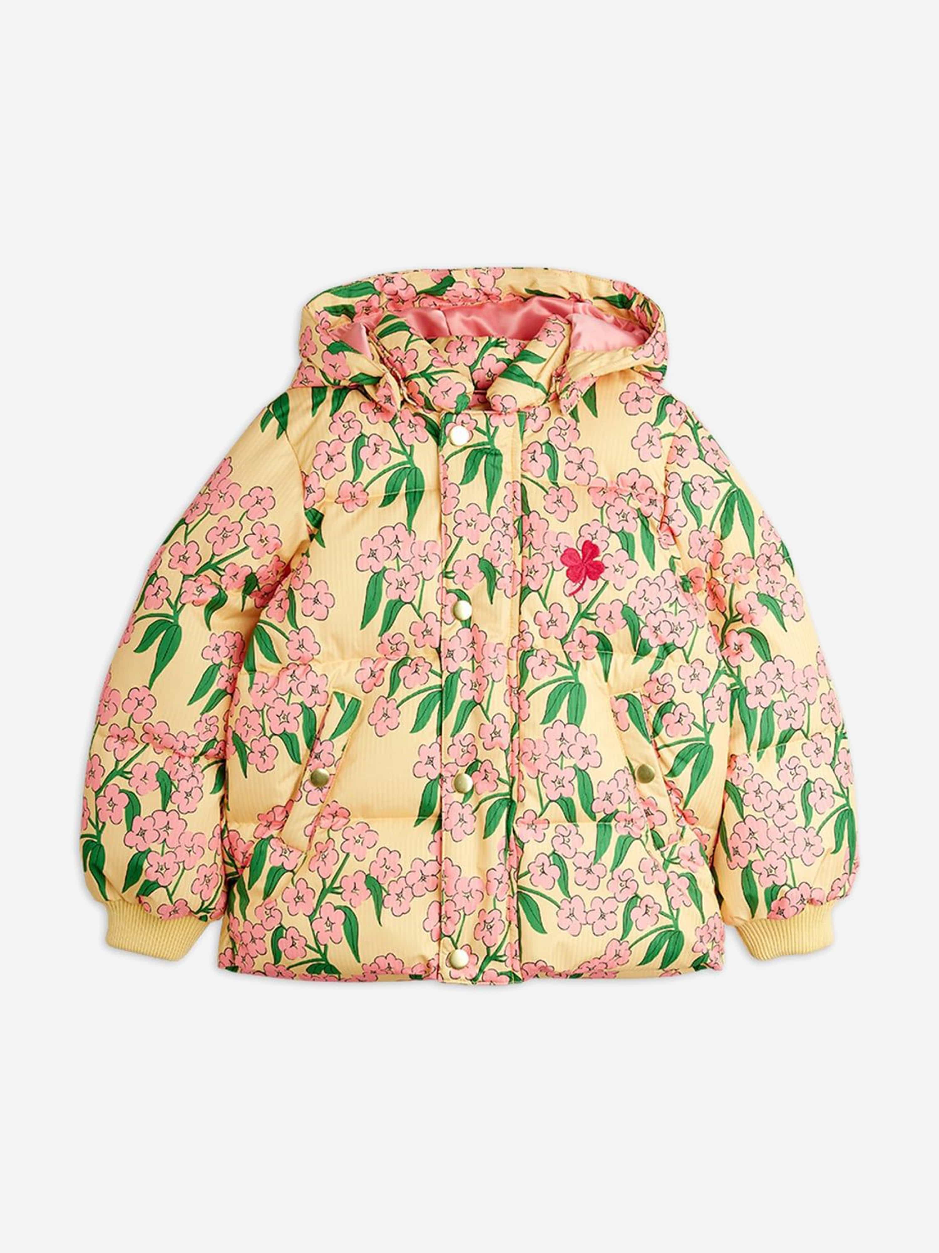 Mini Rodini Girls Alpine Flower Hooded Puffer Jacket in Yellow ...