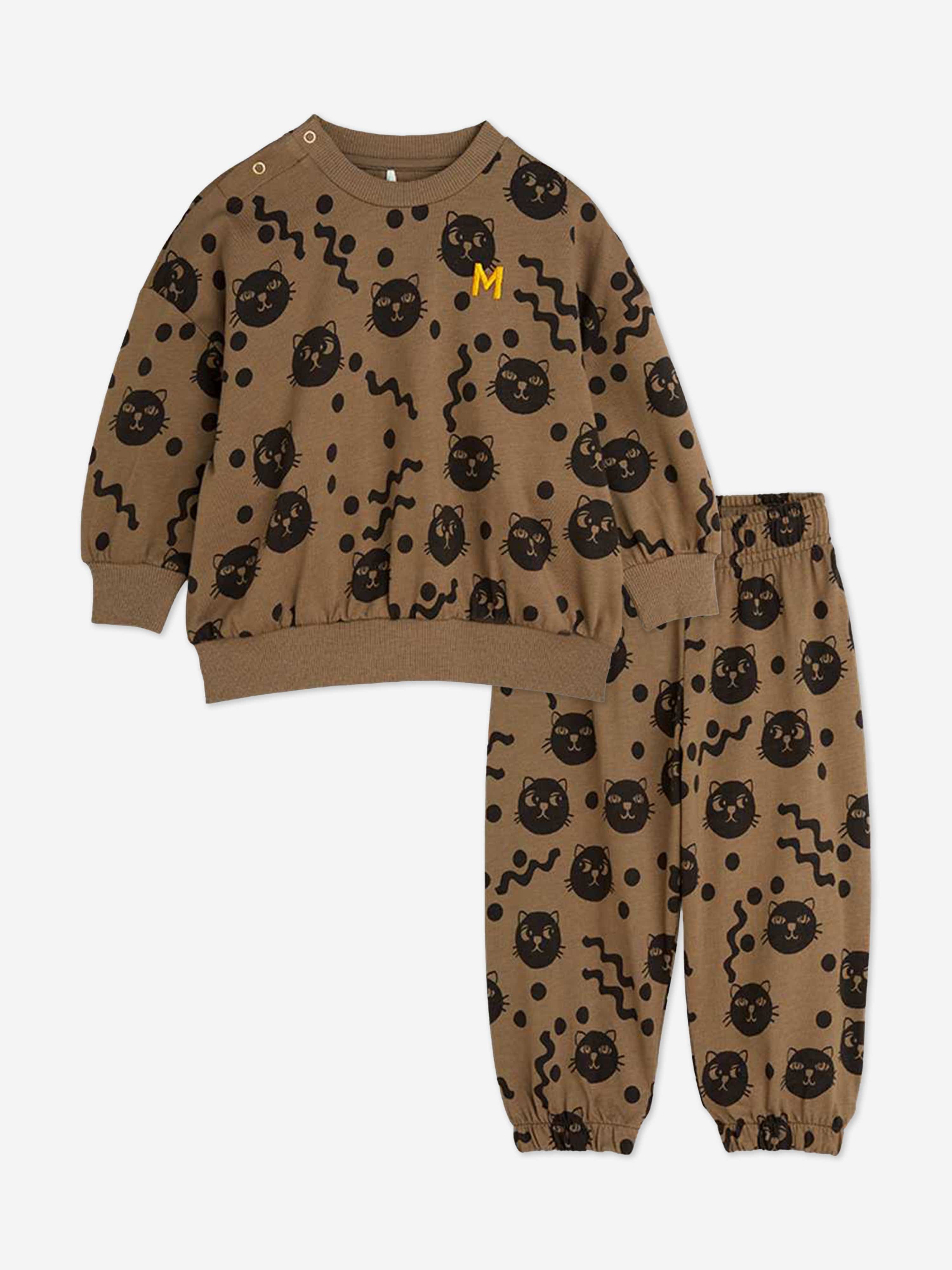 Mini Rodini Baby Squiggly Cats AOP Tracksuit in Brown | Childsplay Clothing