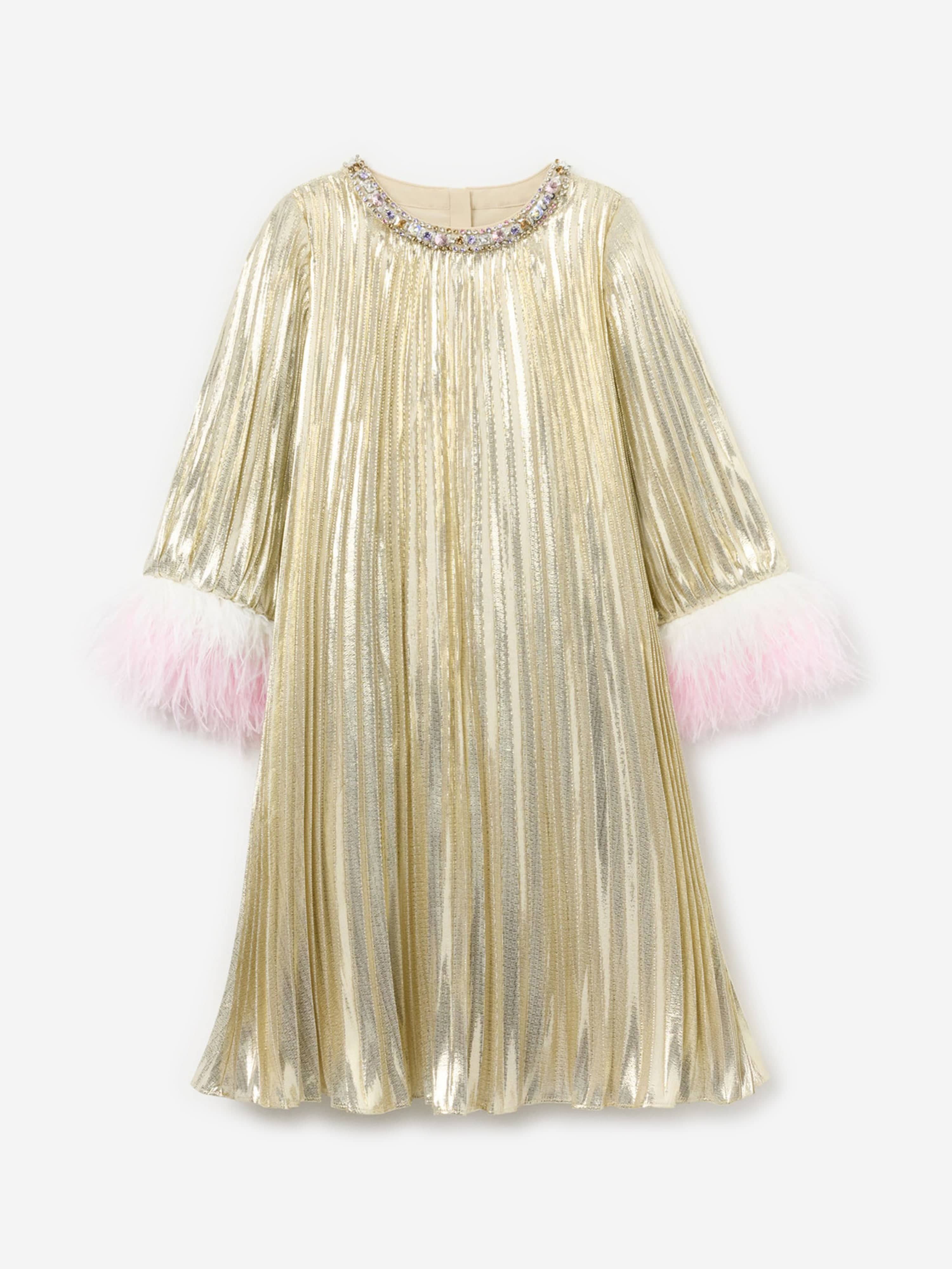 Self Portrait Girls Metallic Chiffon Feather Dress in Gold | Childsplay ...