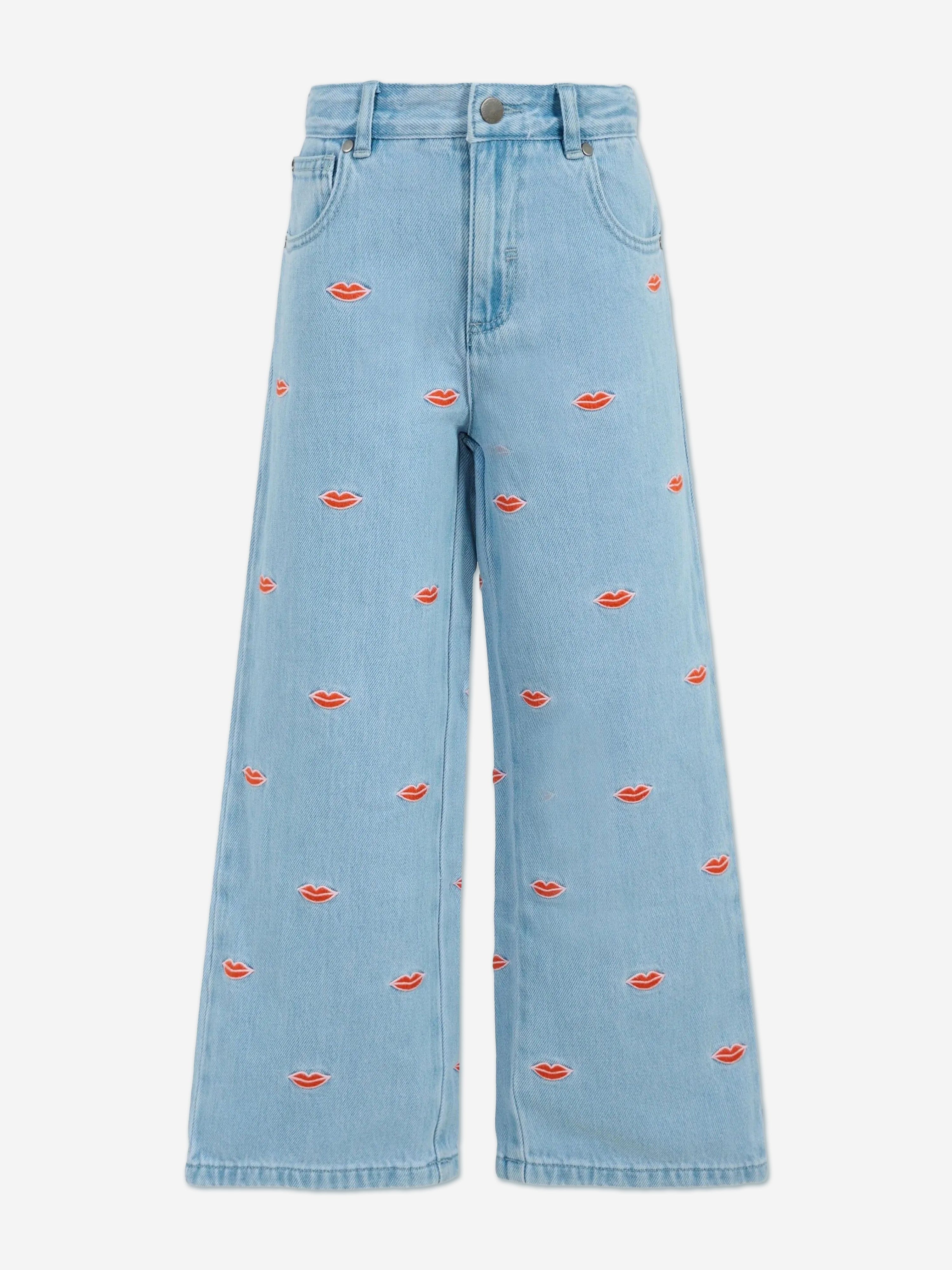 Stella McCartney Girls Embroidered Lips Wide Leg Jeans in Blue ...