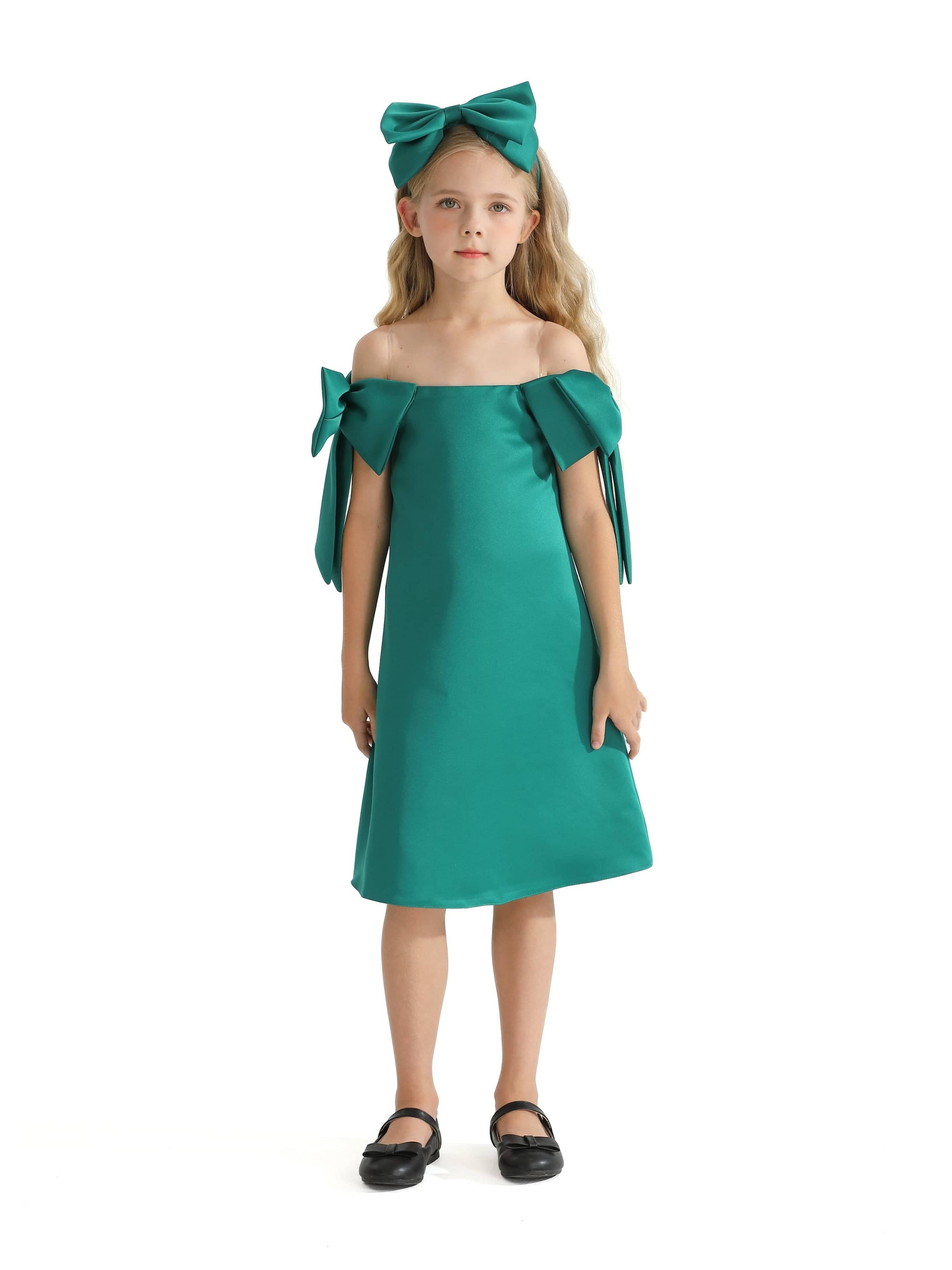 Green Luneta Off Shoulder Bow Dress | Childsplay Clothing